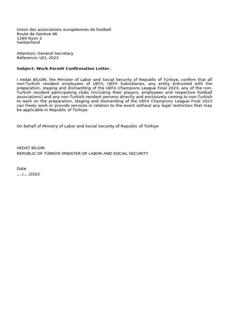 UCLF2023 - Work Permit Confirmation Letter | PDF