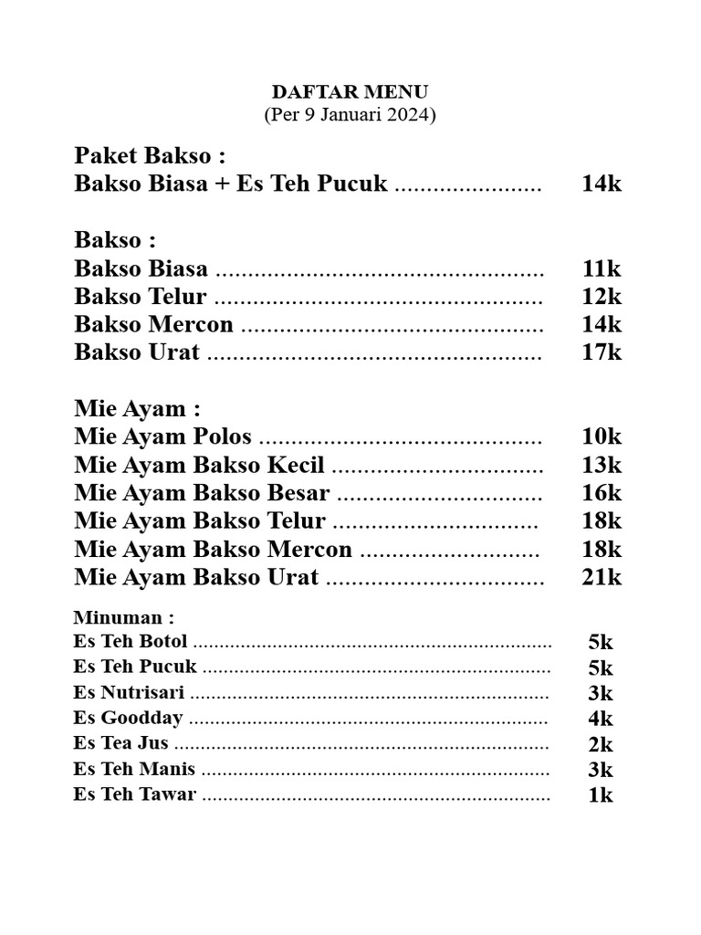Daftar Menu Bakso | PDF