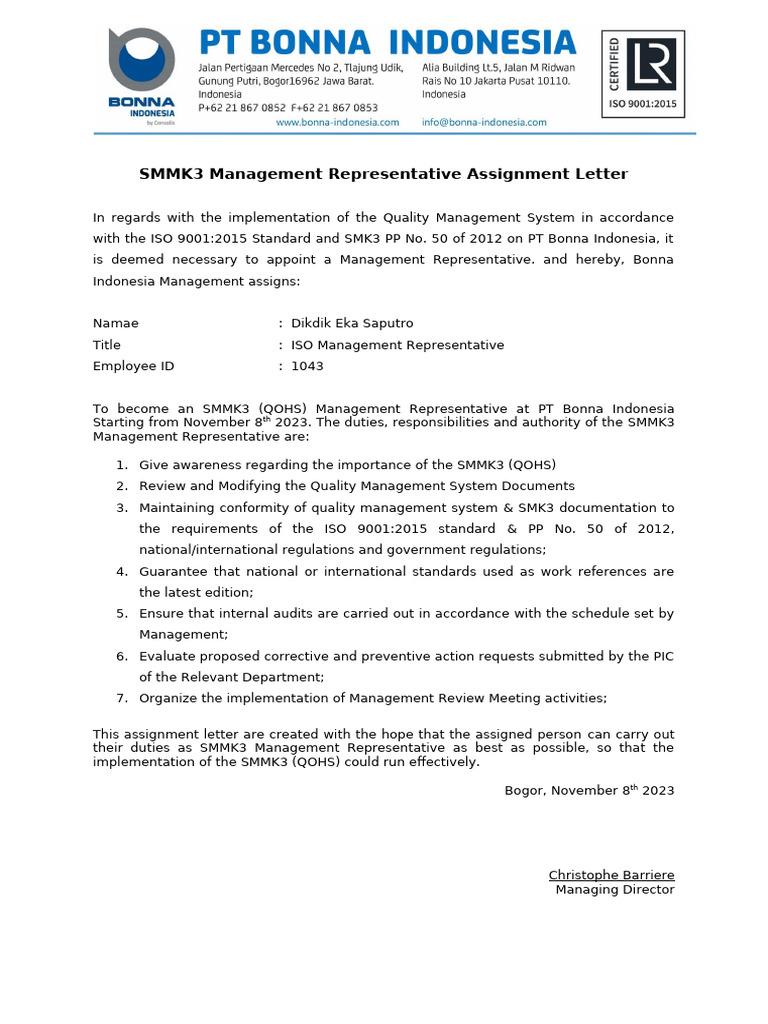 Contoh Surat Penunjukan Management Representative | PDF