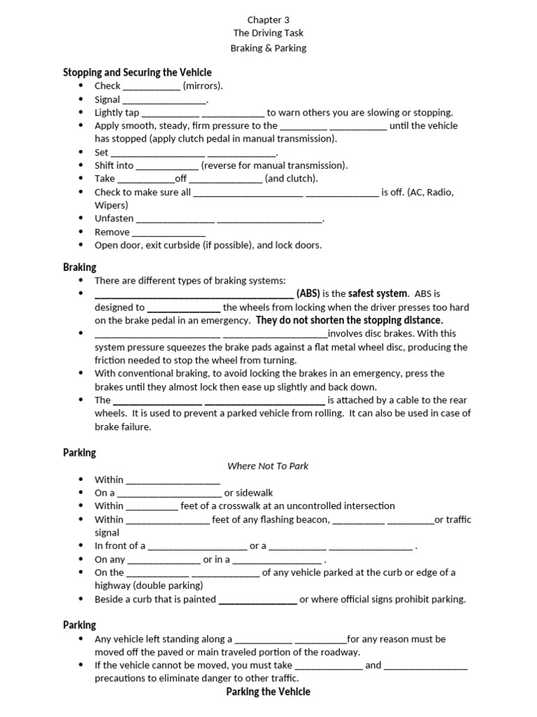 Braking - and - Parking - Worksheet Driving | PDF | Brake | Manual ...