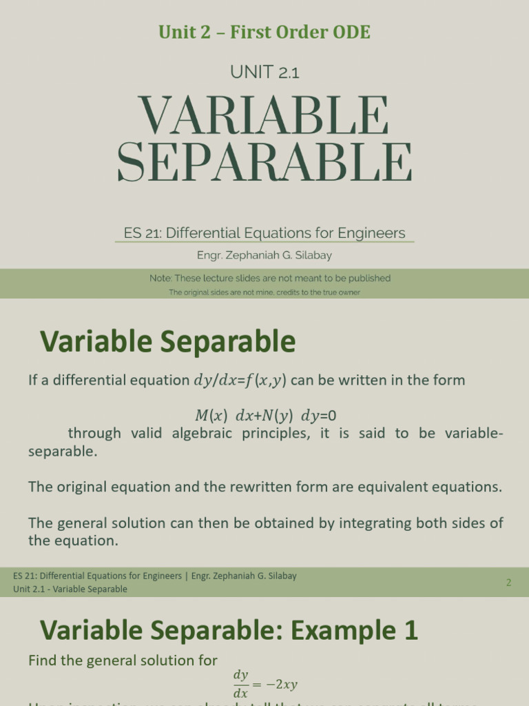2.1 - Variable Separable | PDF | Equations | Subtraction