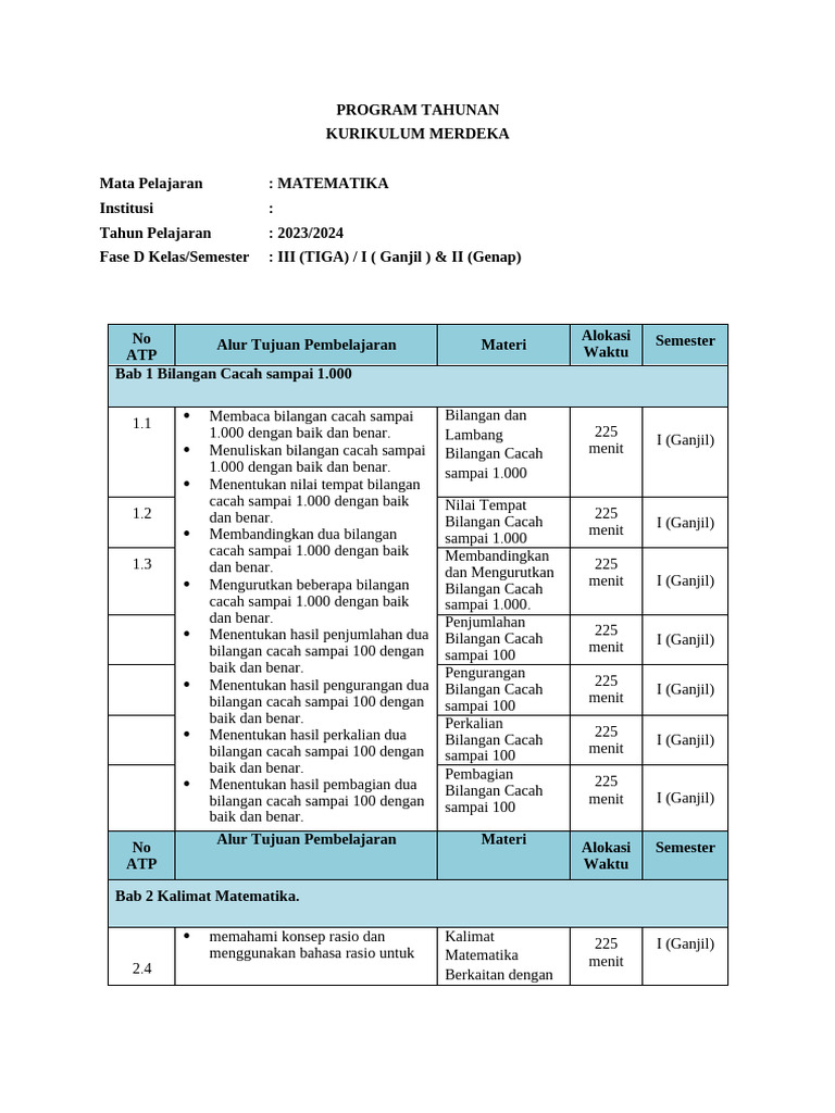 Prota Matematika Kelas 3 SMT 1 & 2 | PDF