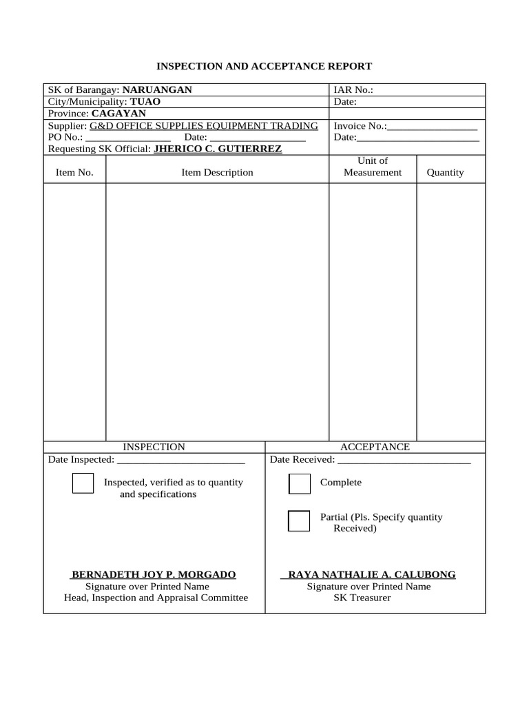 Inspection and Acceptance Report | PDF