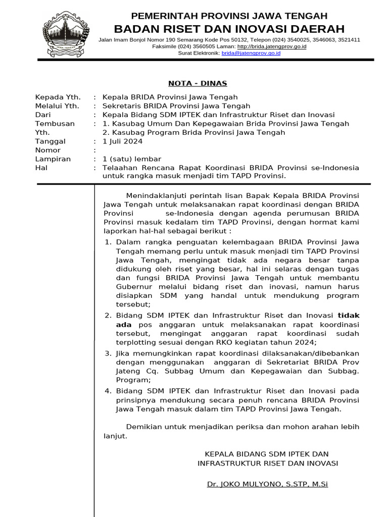 ND Rencana Rakor BRIDA-TAPD | PDF