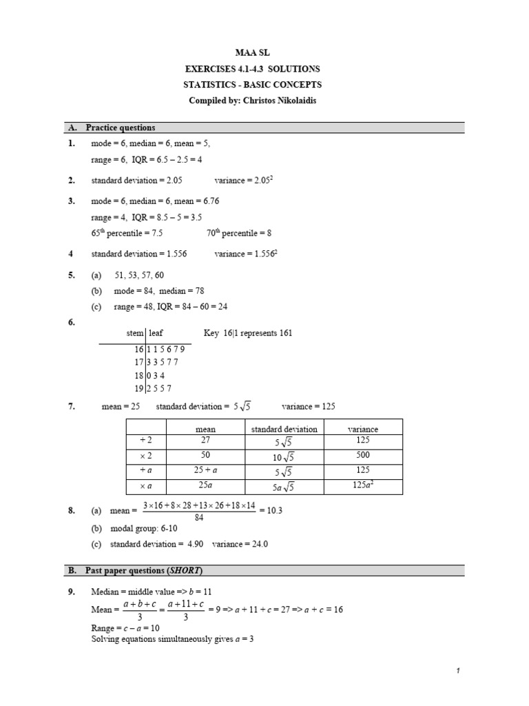 MAA SL 4.1-4.3 STATISTICS - BASIC CONCEPTS - Solutions | PDF | Mathematics | Descriptive Statistics
