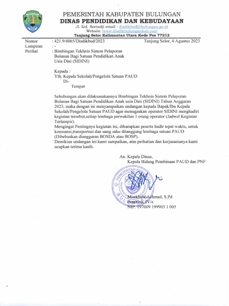 Undangan Bimtek Sidini 2023 | PDF