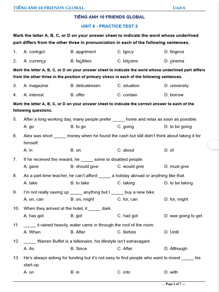 Tieng Anh 10 Friends Global - Unit 6 - Test 2.docx - Google Tài Liệu | PDF