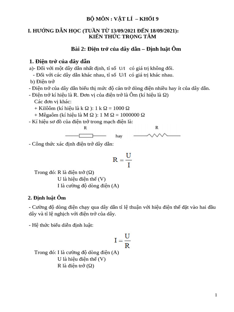 HDH-LÝ-9-BÀI-2-ĐIỆN-TRỞ-CỦA-DÂY-DẪN-ĐỊNH-LUẬT-ÔM | PDF