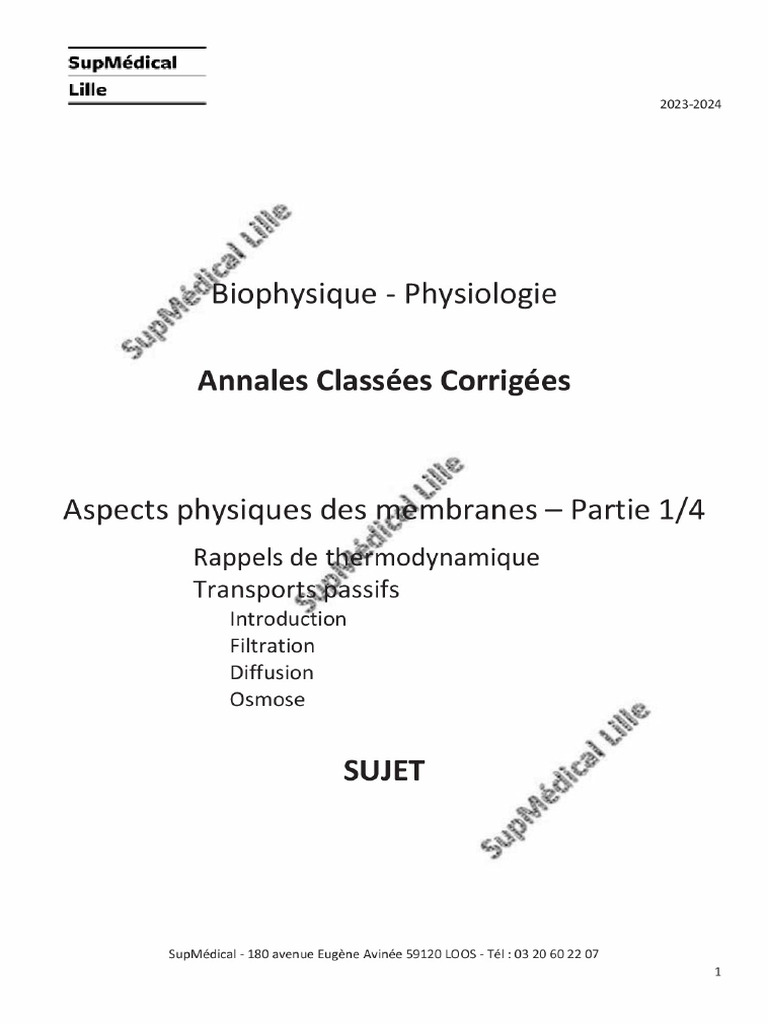 ACC (SUJET) - NÂ°3 - Partie 1 Sur 4 - Chapitre Aspects Physiques Des Membranes Ë 1sur4 | PDF