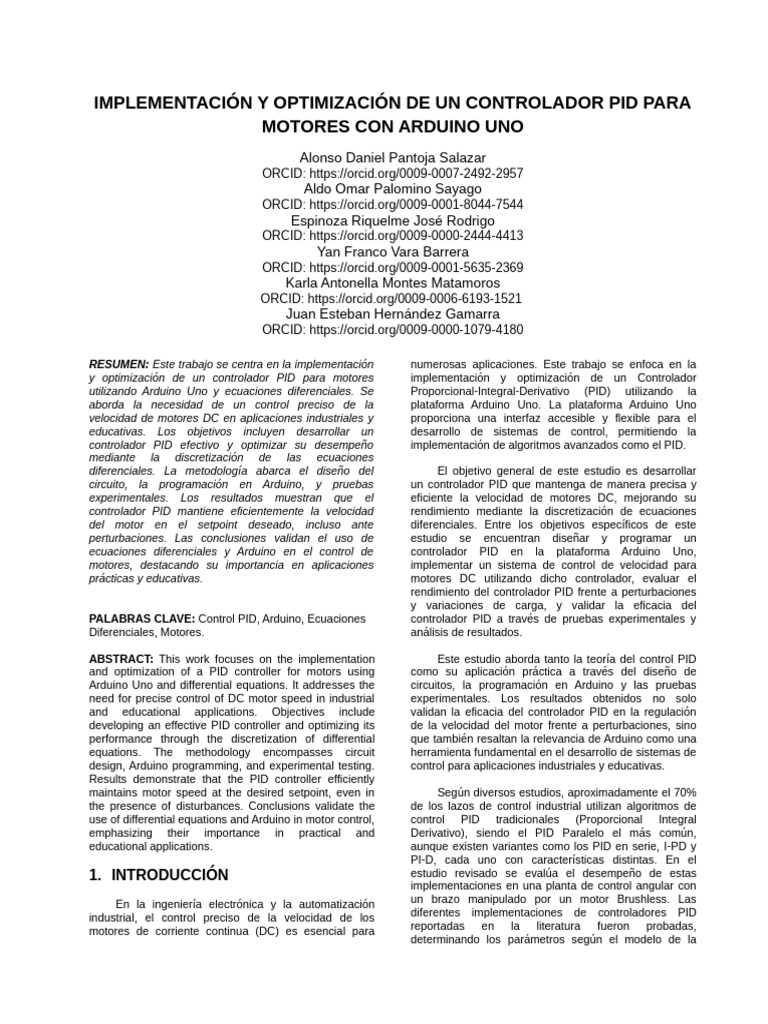 IMPLEMENTACIÓN Y OPTIMIZACIÓN DE UN CONTROLADOR PID PARA MOTORES CON ARDUINO UNO (1) | PDF ...