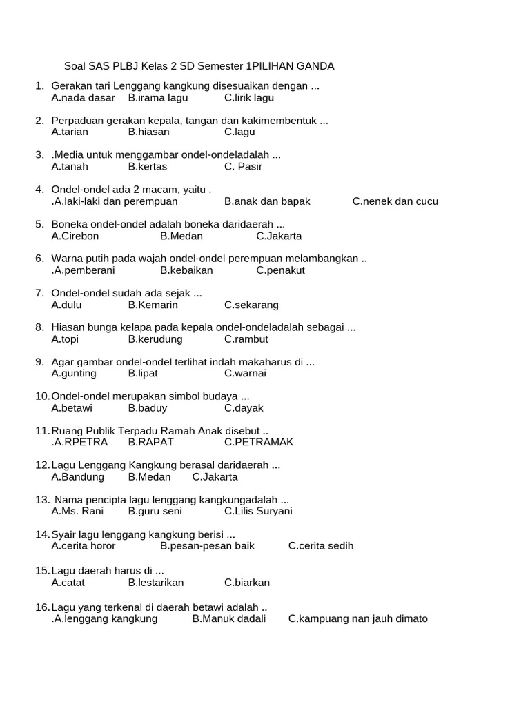 Soal Sas PLBJ Kelas 2 SD Semester 1pilihan Ganda | PDF