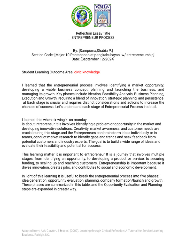 Reflection Essay Format DEAL Format - Major10 | PDF