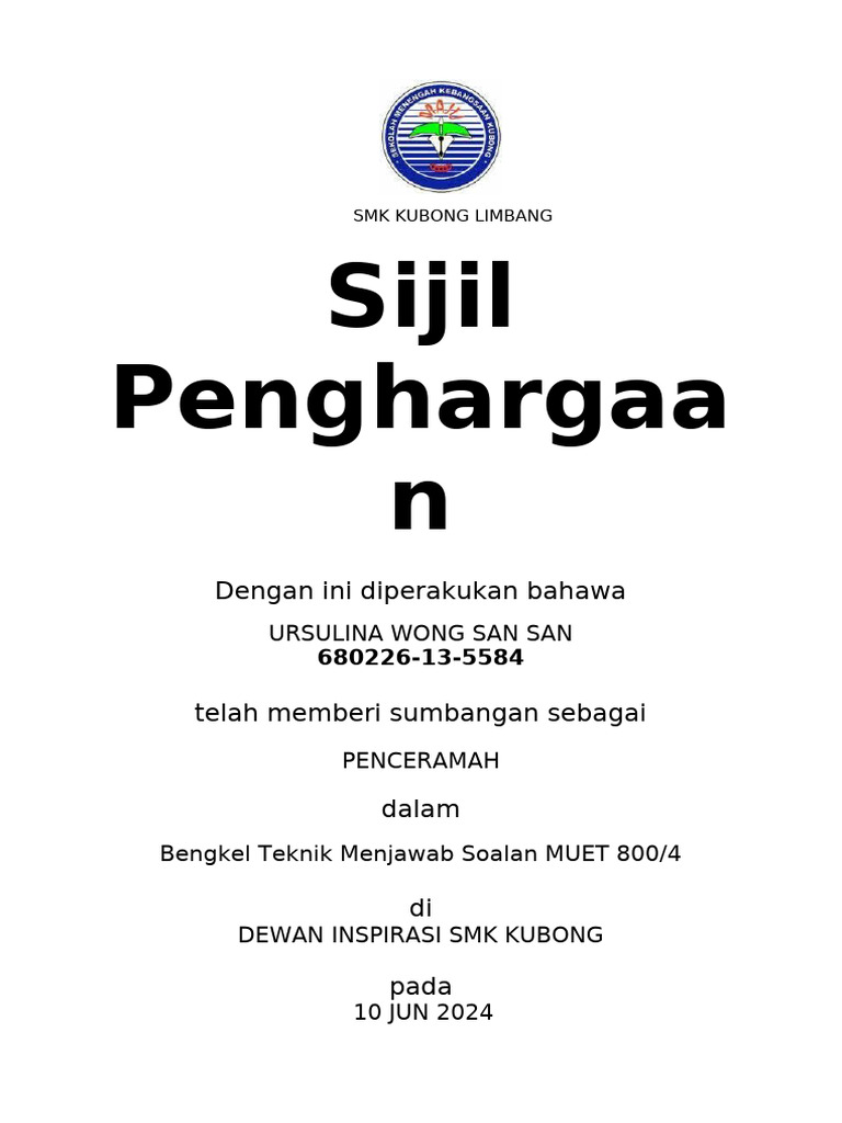 Sijil Penceramah Bengkel Muet 2024 | PDF