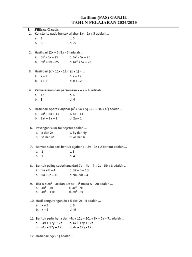 Latihan PAS 1 MTK 2425 Kelas 8 | PDF