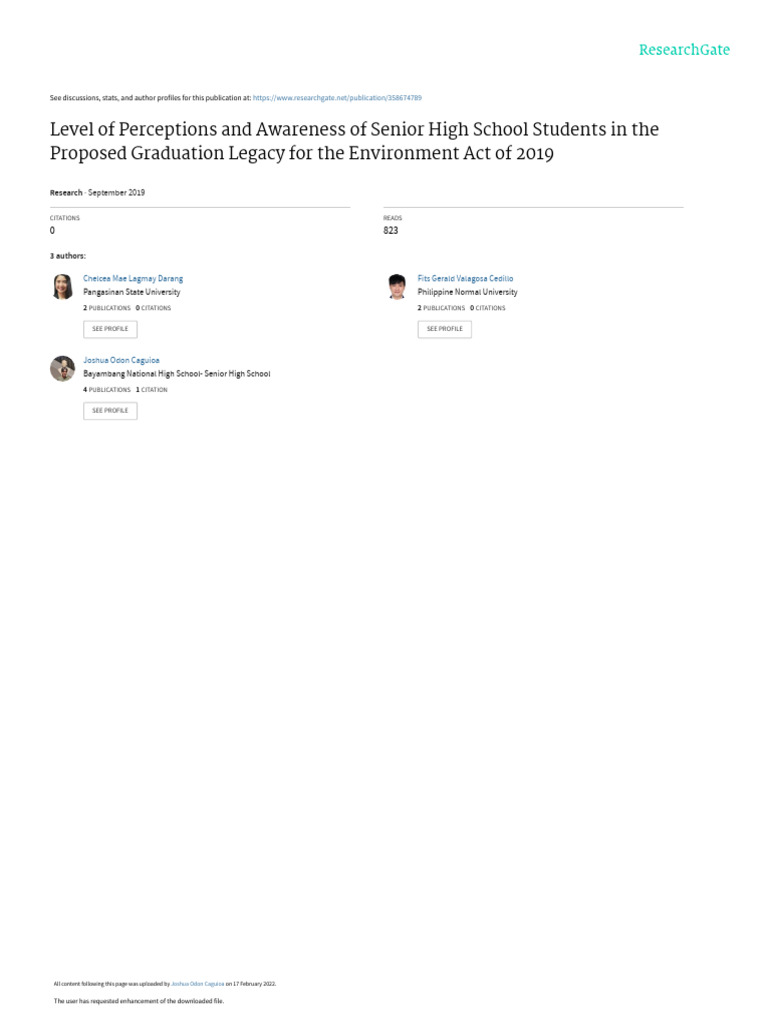 Levelof Perceptionsand Awarenessof Senior High School Studentsinthe ...