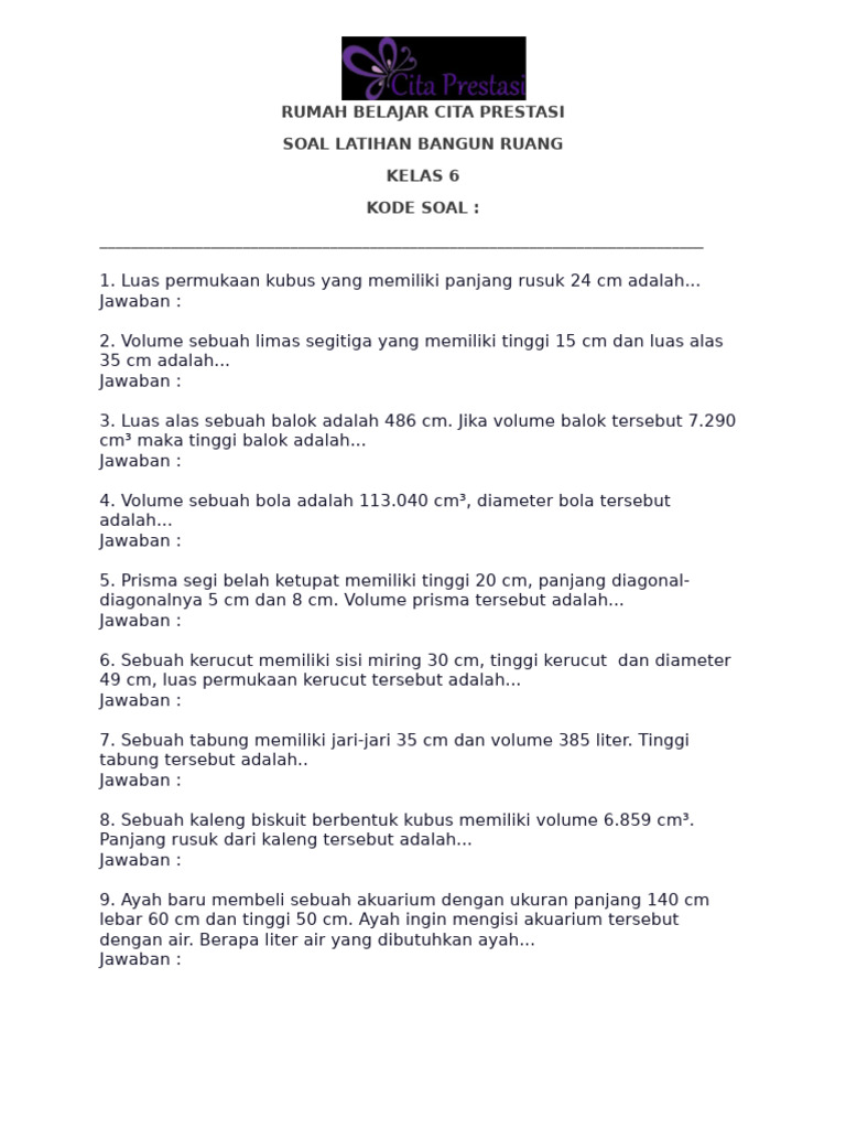 Soal Latihan Matematika Kelas 6 - Bangun Ruang 2 | PDF