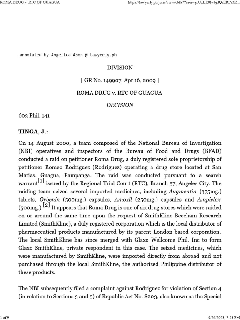 Roma Drug v. RTC of Guagua 585 SCRA 140 (2009) | PDF | Patent ...