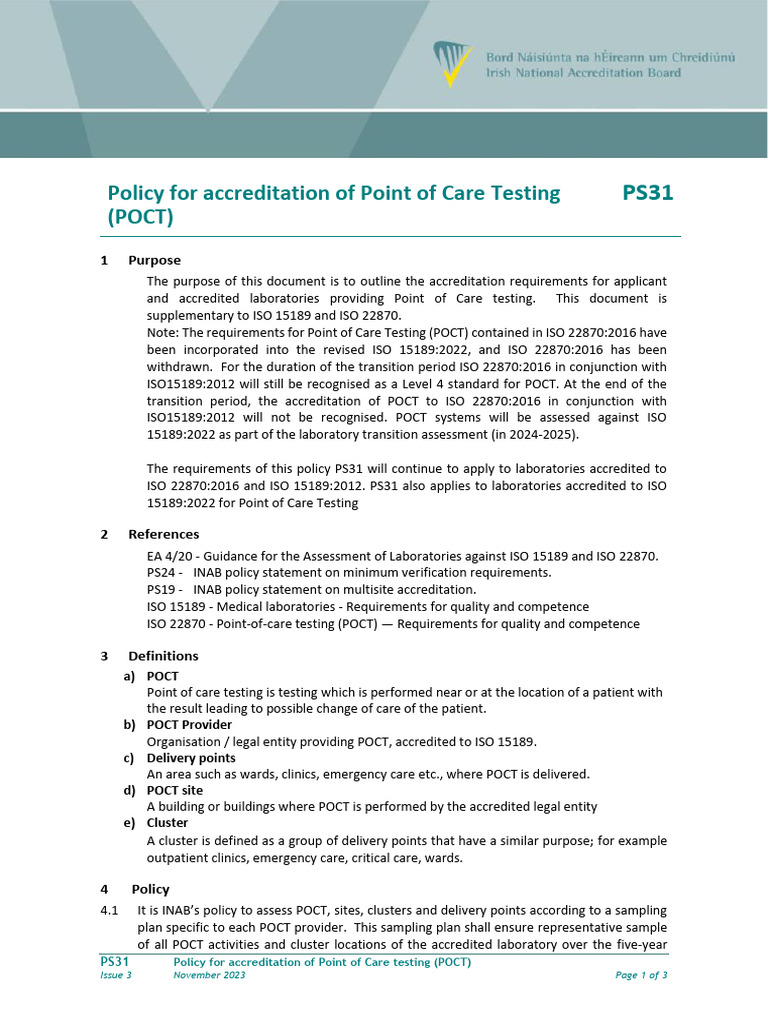Policy For Accreditation of Point of Care Testing Poct | PDF ...