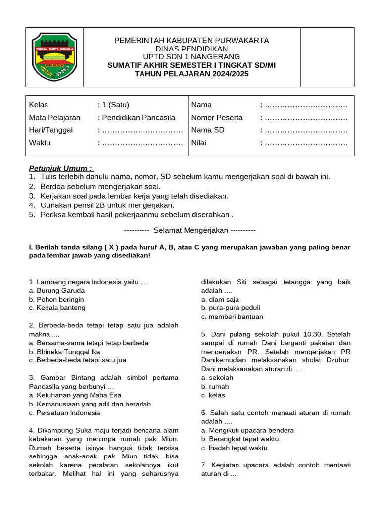 SAS Pendidikan Pancasila Kelas 1 SEM 1 | PDF