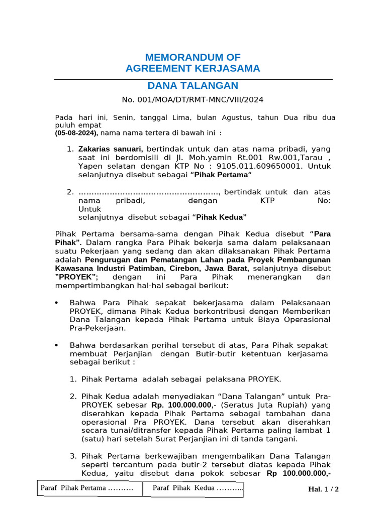 MOU RMT-MNC Dana Talangan-Rev00 | PDF