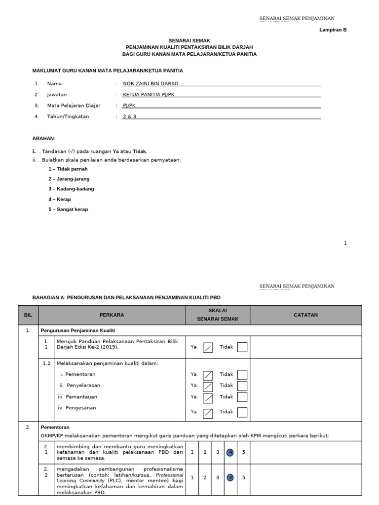 V2MLT Senarai Semak Penjaminan Kualiti PBD Lampiran B PJK | PDF