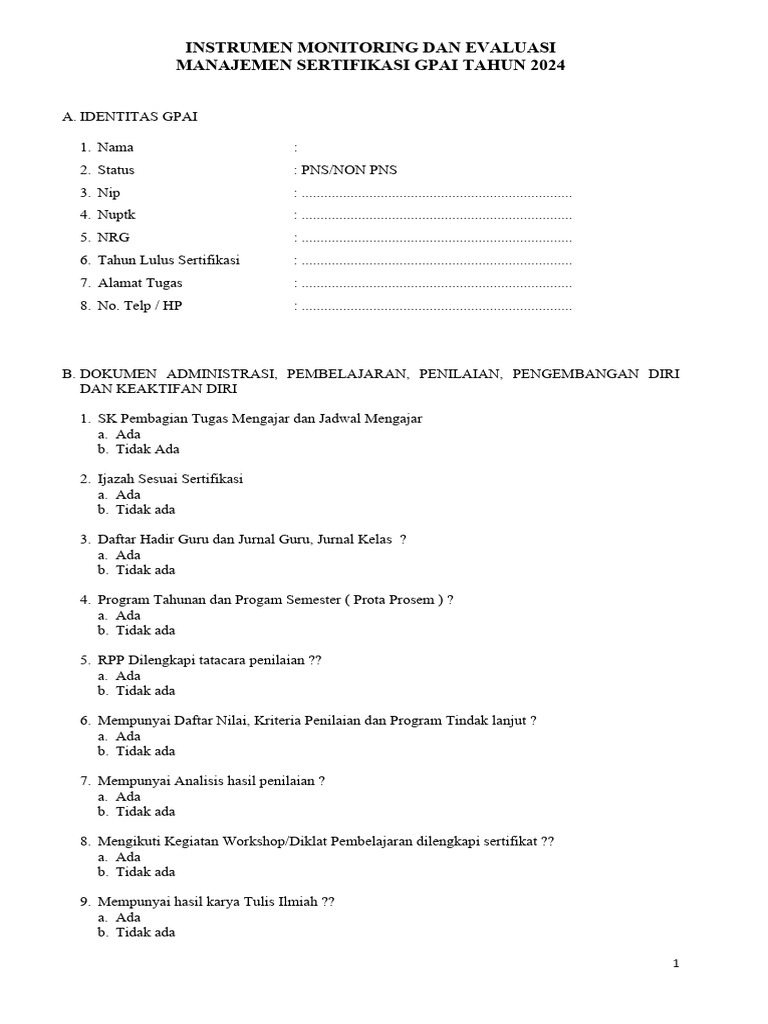 Instrumen Monitoring Gpai Sertifikasi Tahun 2024 | PDF