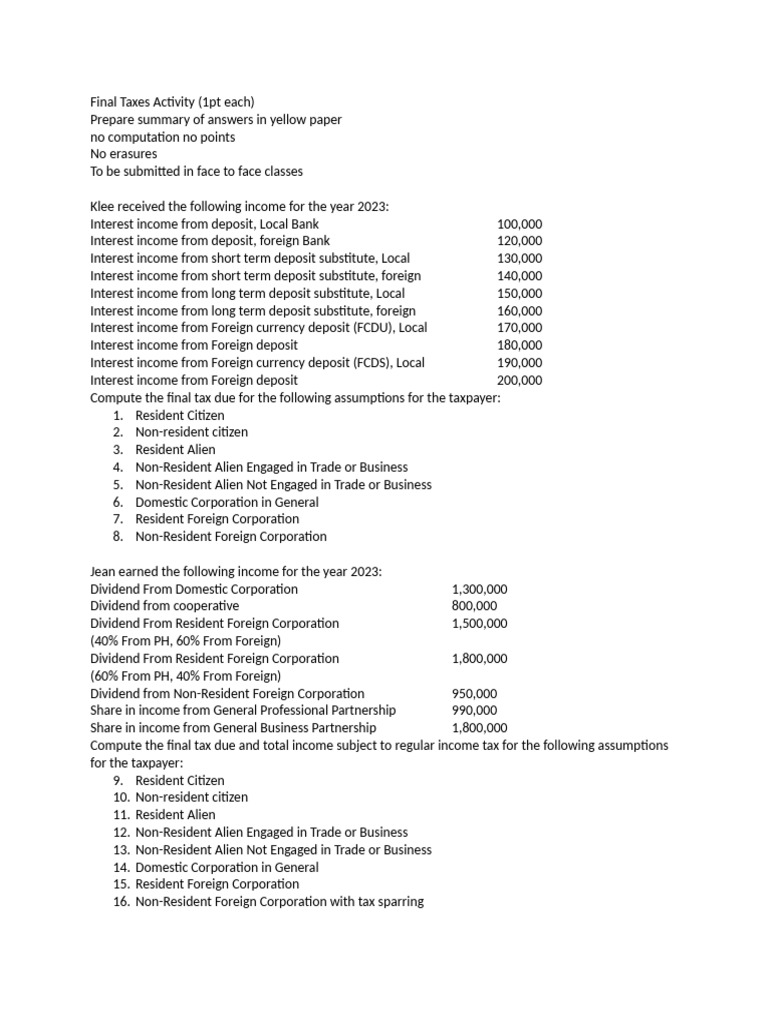Final Taxes Activity DHVSU | PDF | Taxpayer | Dividend