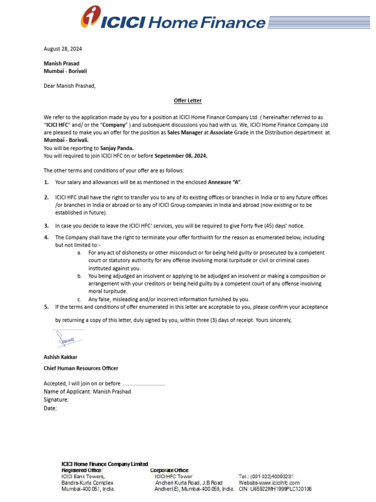 ICICI HFC Sales Manager Offer Letter | PDF | Employee Benefits | Business