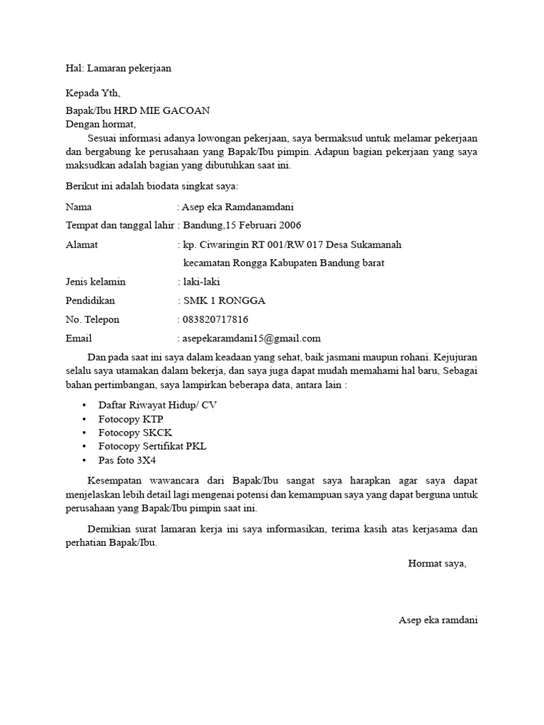 surat lamaran gacoan | PDF