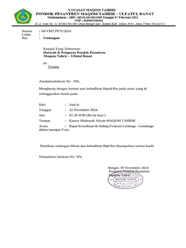 Undangan Rapat Koordinasi Ponpes | PDF