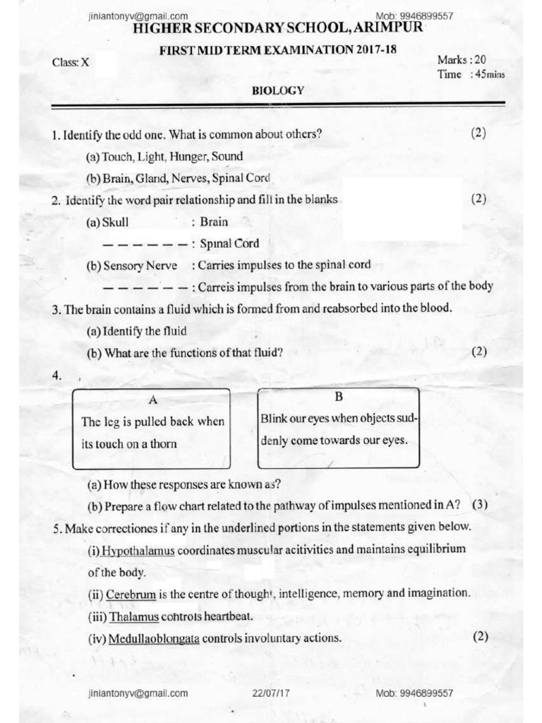 Kerala SSLC First Mid Term Examination Model Question Paper - Biology ...
