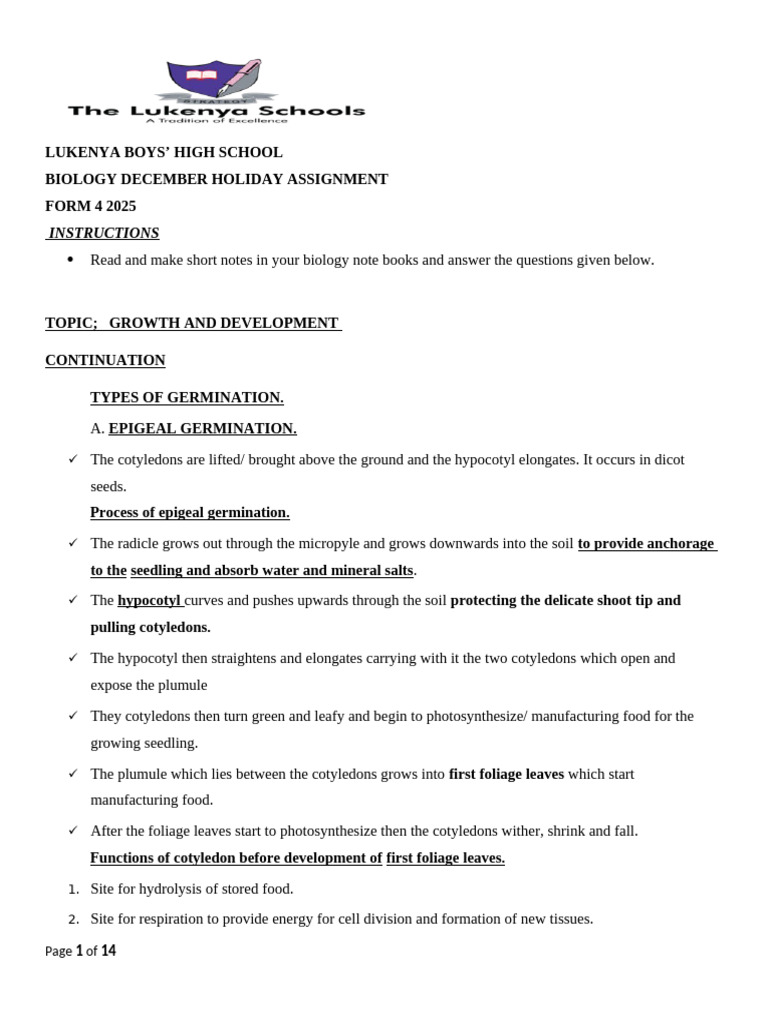 Biology Holiday Assignment: Germination & Growth | PDF | Plant Stem | Germination