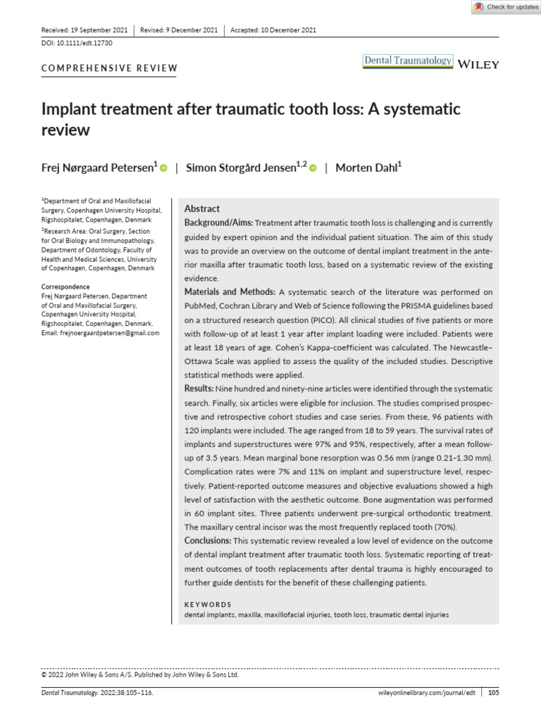 Dental Traumatology - 2022 - N Rgaard Petersen - Implant Treatment After Traumatic Tooth Loss A ...