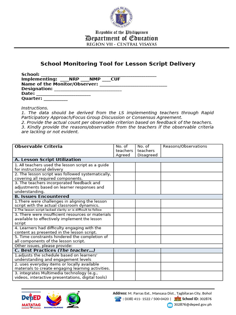 School Monitoring Tool for Lesson Delivery | PDF | Teachers | Learning