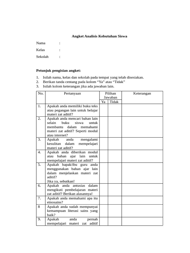 Angket Analisis Kebutuhan Siswa | PDF