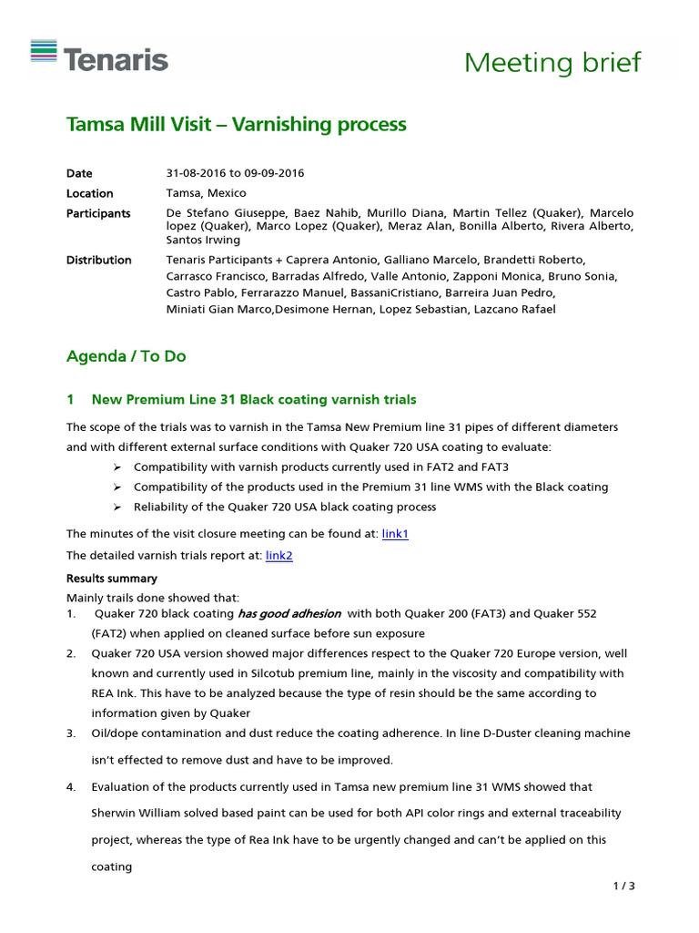 Tamsa Visit - Varnishing process_09-09-2016 | PDF | Coating | Materials