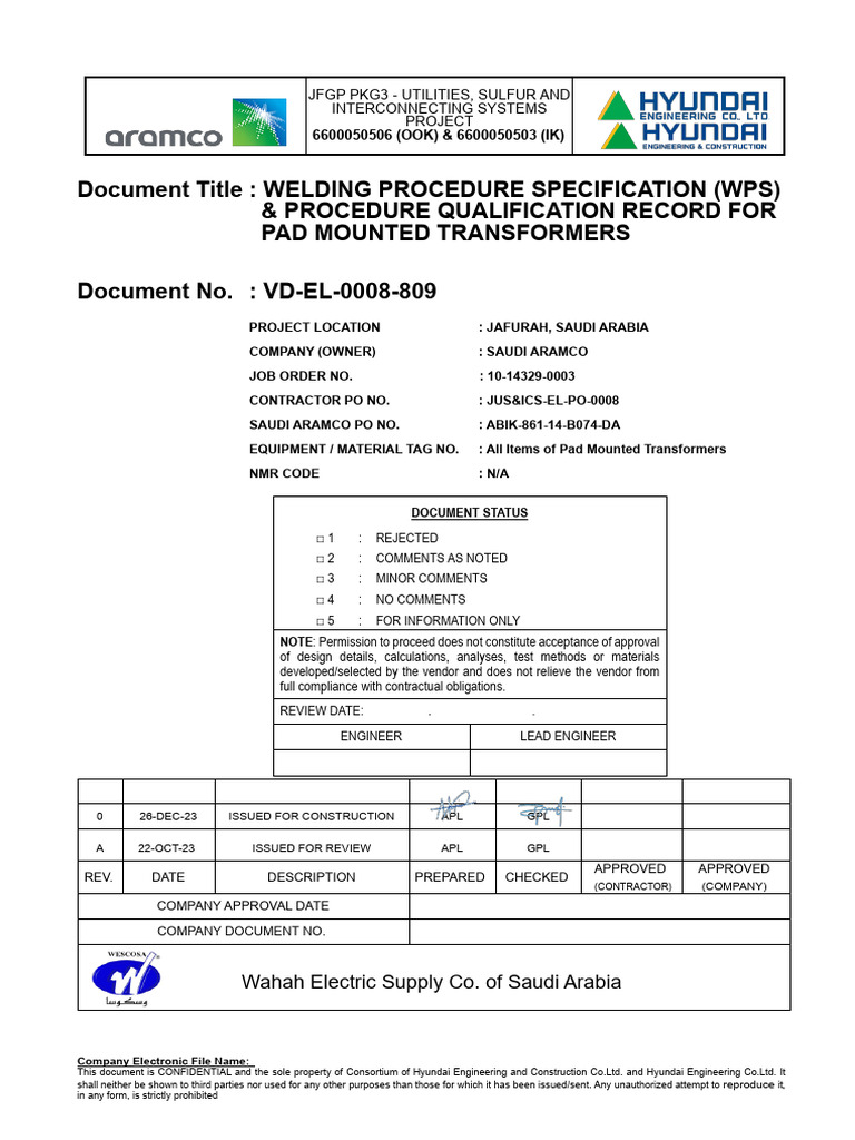 Vd-El-0008-809 - 0 - Welding Procedure Specification (WPS) & Procedure Qualification Record (PQR ...