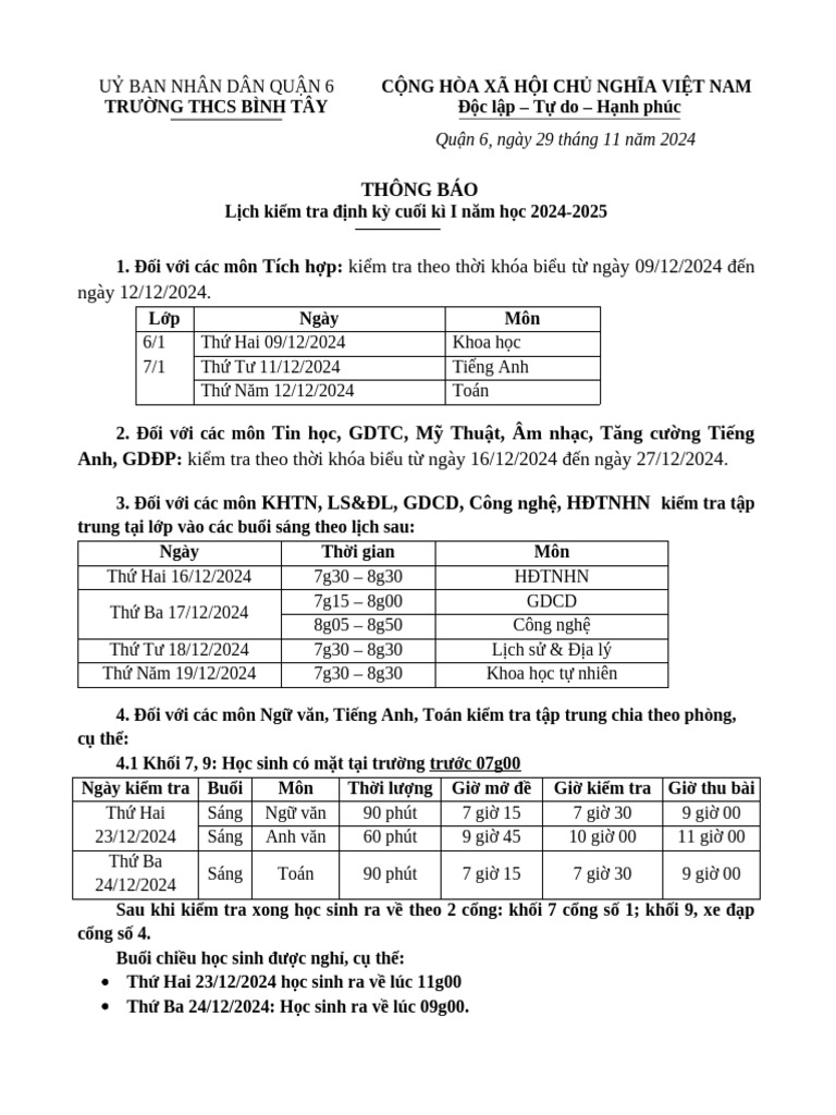 TB Lich KT Cuoi Ki I (2024-2025) | PDF
