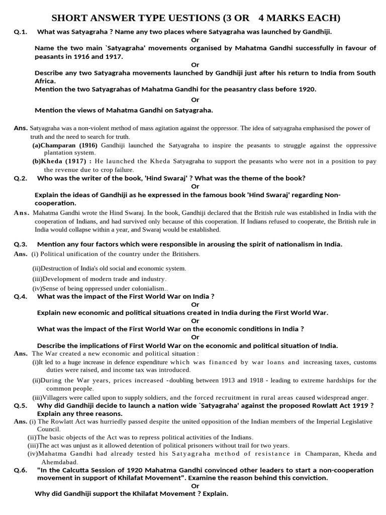 Short Answer Type Questions 02 | PDF | Mahatma Gandhi | Indian Nationalism
