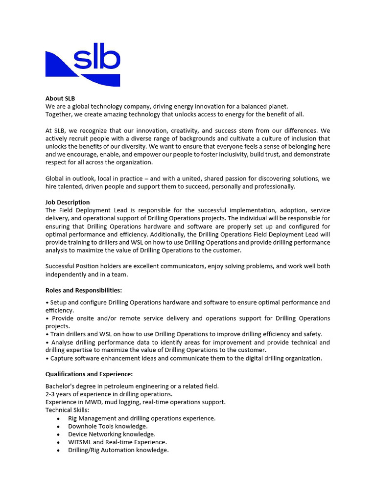 Field Deployment Lead Job Overview | PDF