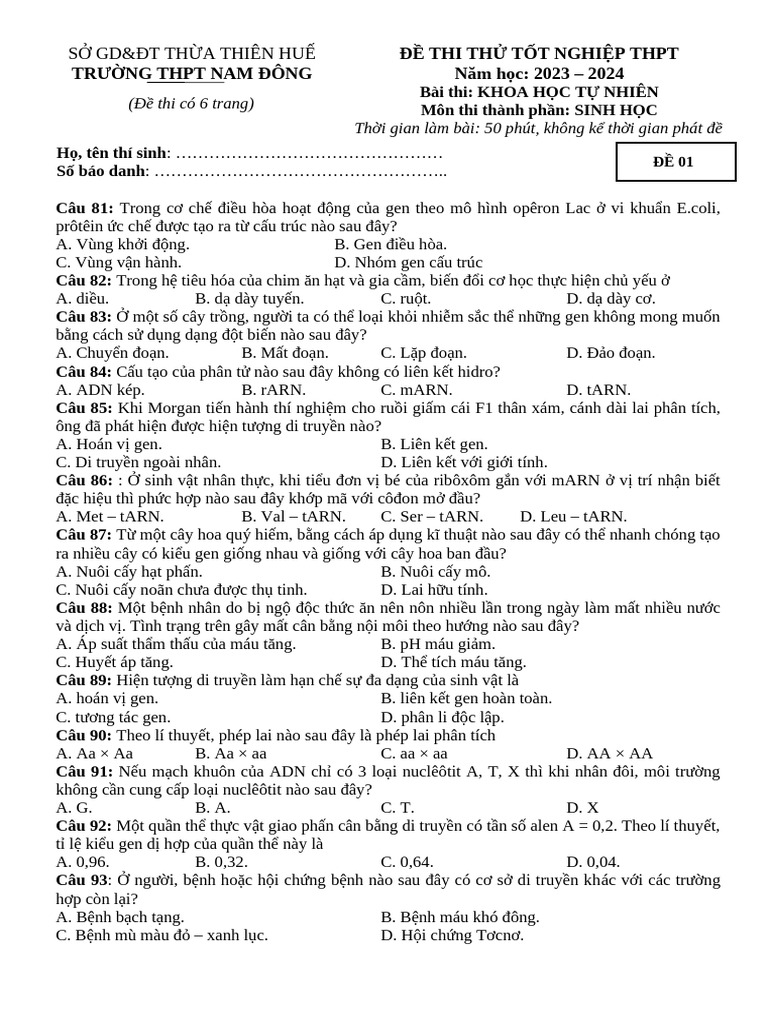 Đề Thi Thử 01 TN THPT Sinh Học 2024-Nam Đông | PDF