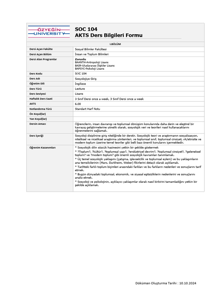 AKTS Ders Bilgileri | PDF