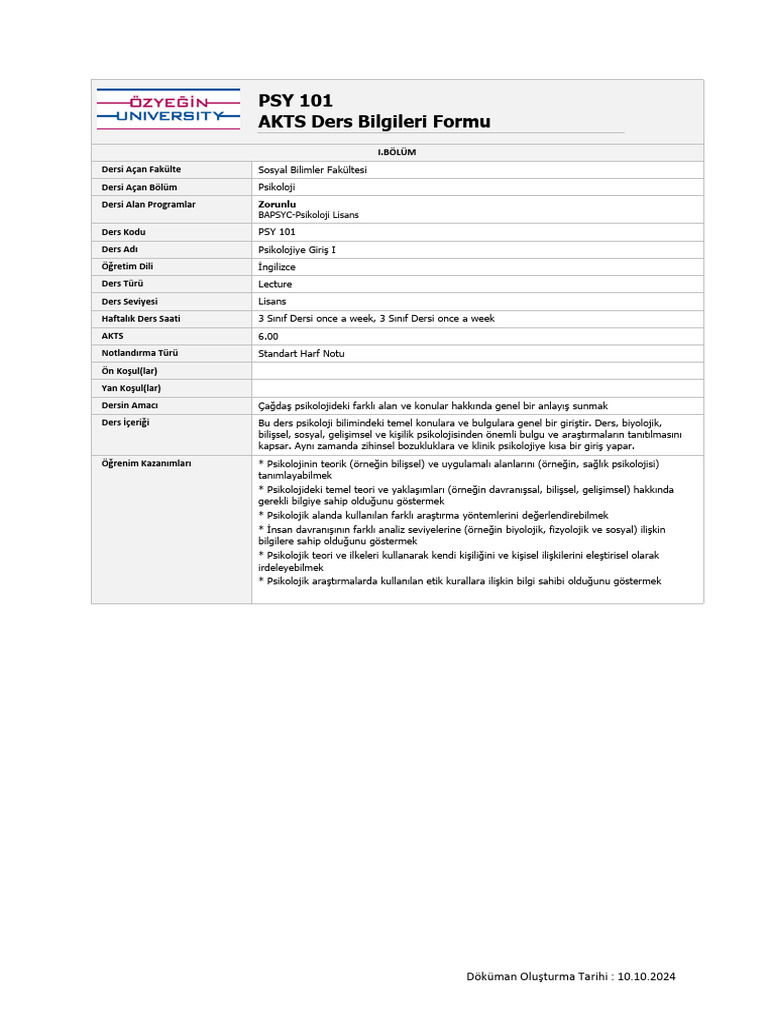 AKTS Ders Bilgileri | PDF