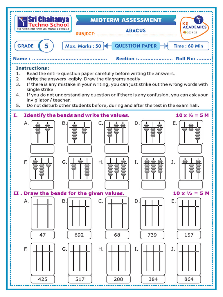 Abacus Grade-5 Midterm QP (2024-25) Set-B | PDF