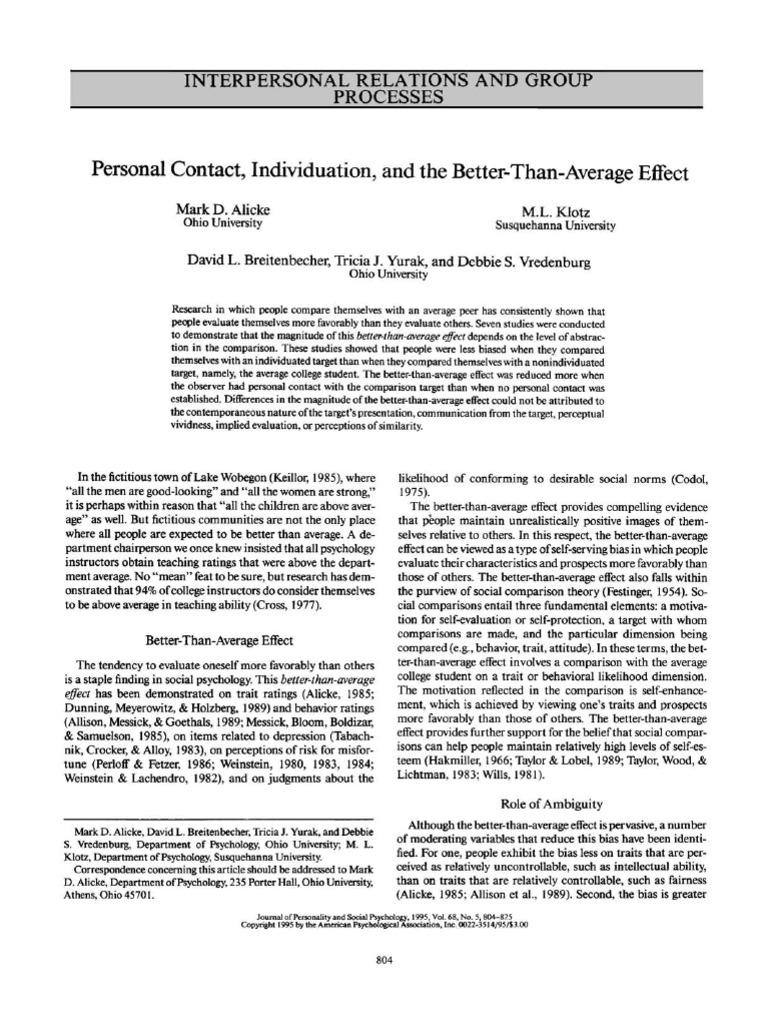 Alicke Et Al. (1995) Personal Contact, Individuation, and The Better ...
