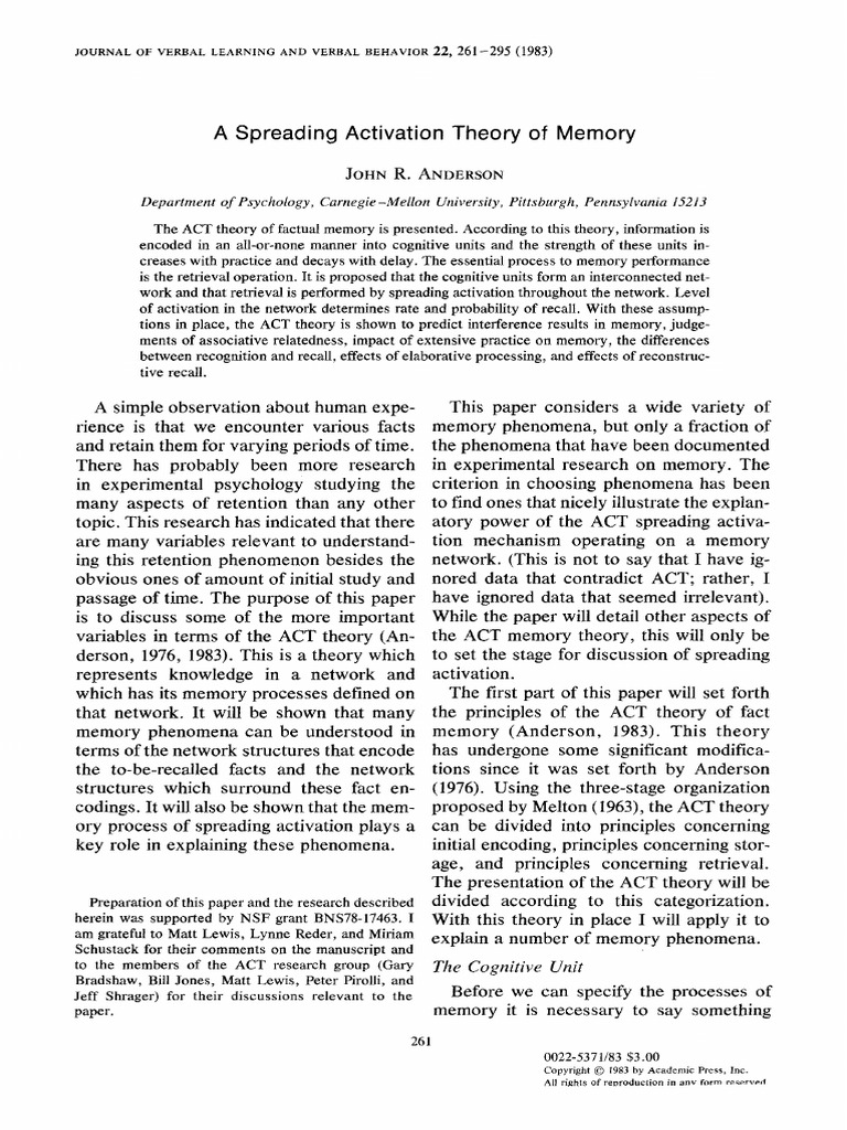 Anderson (1983) A Spreading Activation Theory of Memory | PDF | Recall ...