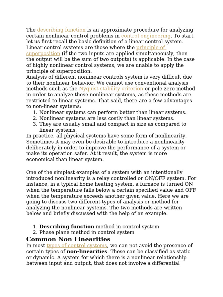 The Describing Function Is An Approximate Procedure For Analyzing Certain Nonlinear Control ...