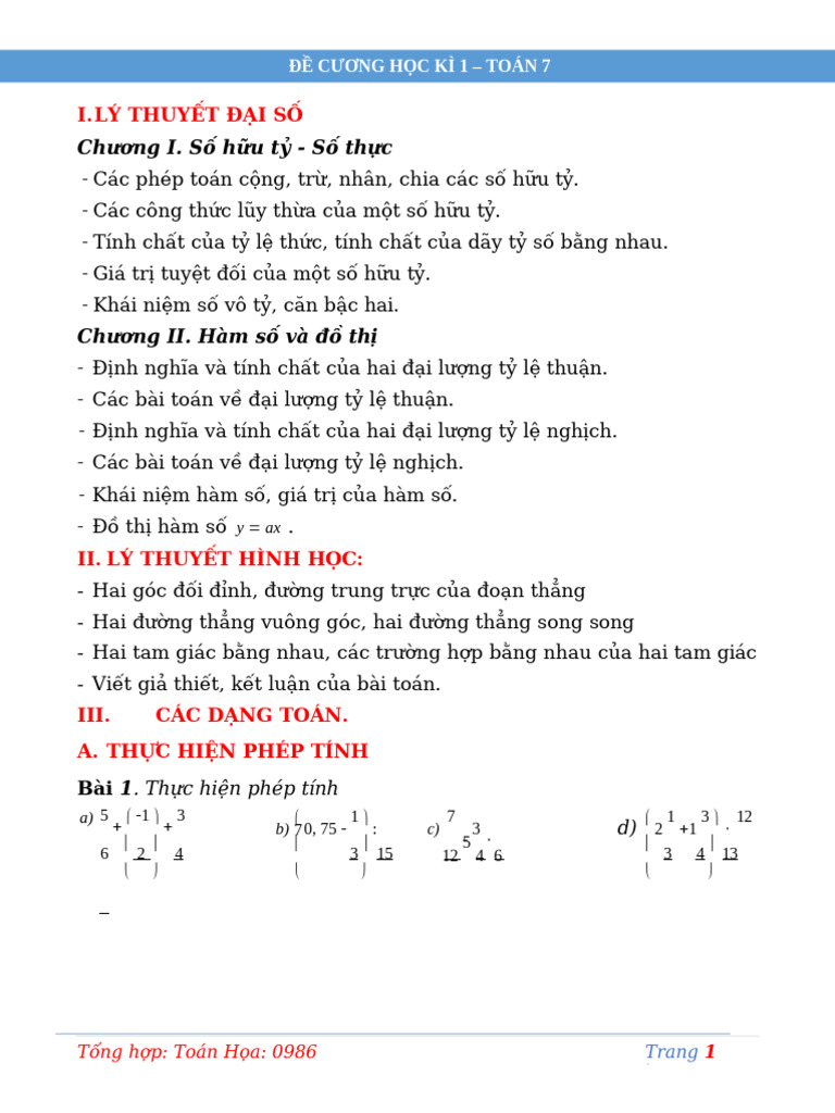 De Cuong On Tap Hoc Ki 1 Mon Toan 7 | PDF