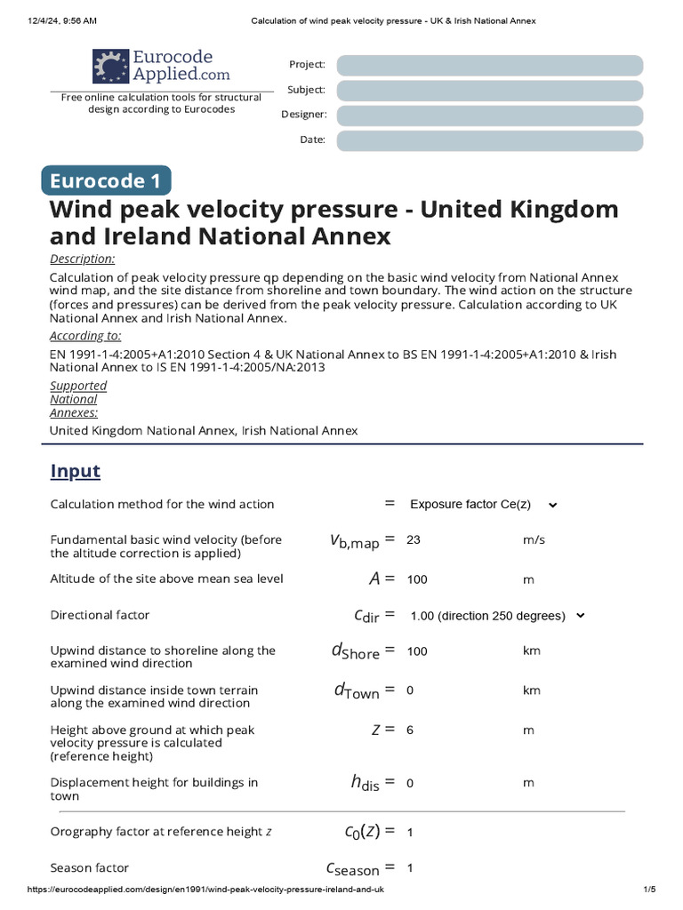 Calculation of Wind Peak Velocity Pressure - UK & Irish National Annex | PDF | Wound | Velocity