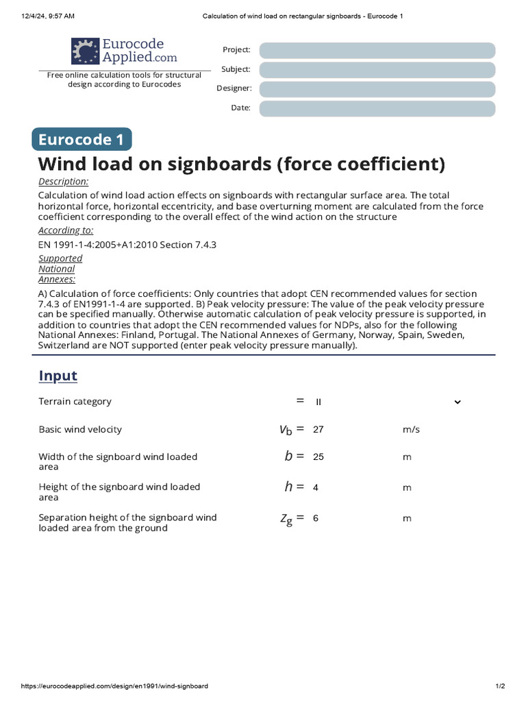 Calculation of Wind Load On Rectangular Signboards - Eurocode 1 | PDF ...